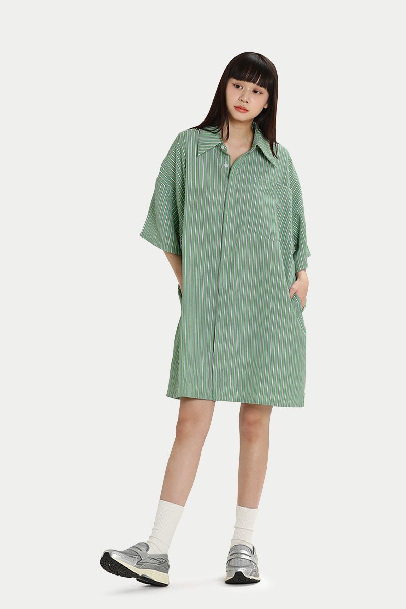 ELINE BOXY SHIRT DRESS IN GREEN STRIPE