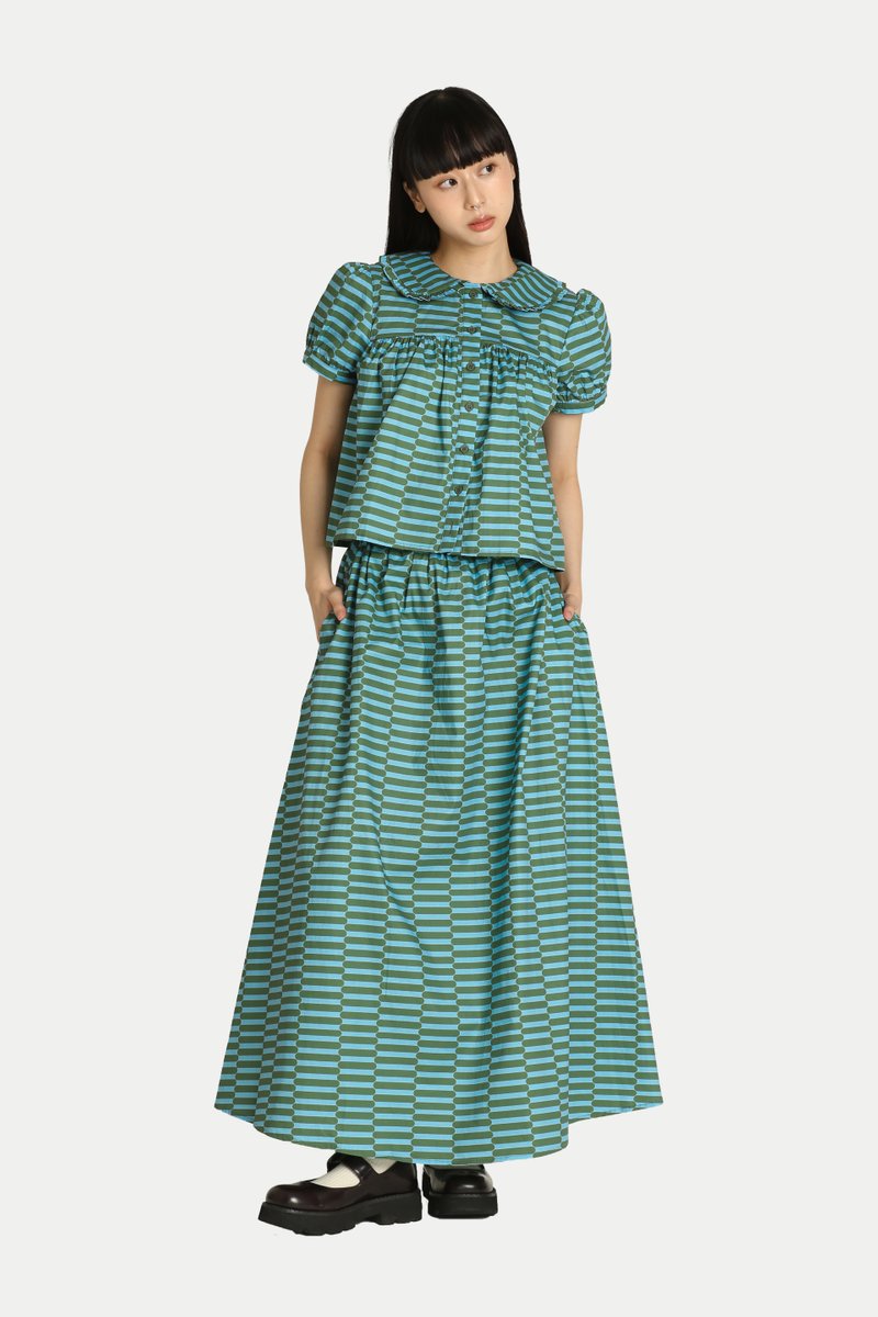 MADLYN “GROOVY” MIDI GATHER SKIRT IN GREEN/BLUE